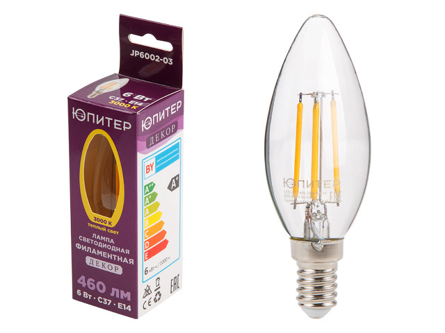 LED Filament bulb C37 clear E14 6W 220-240V 3000K ЮПИТЕР - NINGBO ECO GROUP
